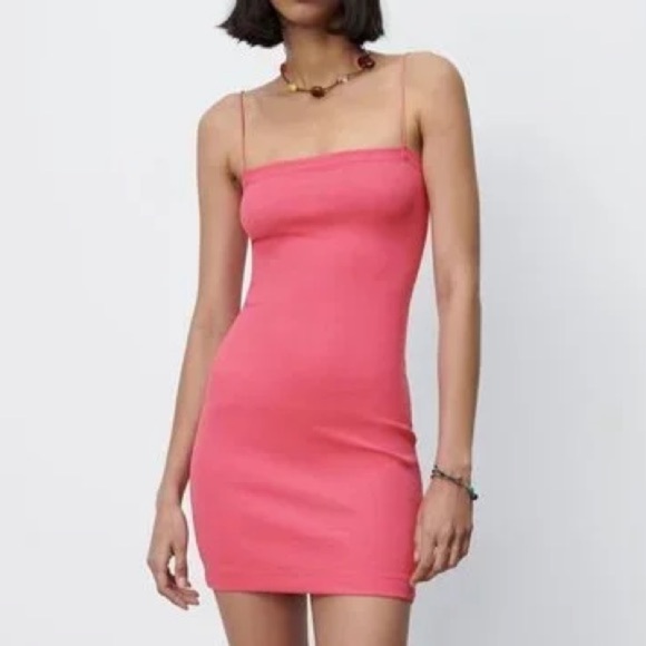 Zara | Dresses | Zara Women S Pink Ribbed Y2k Square Neck Spaghetti ...